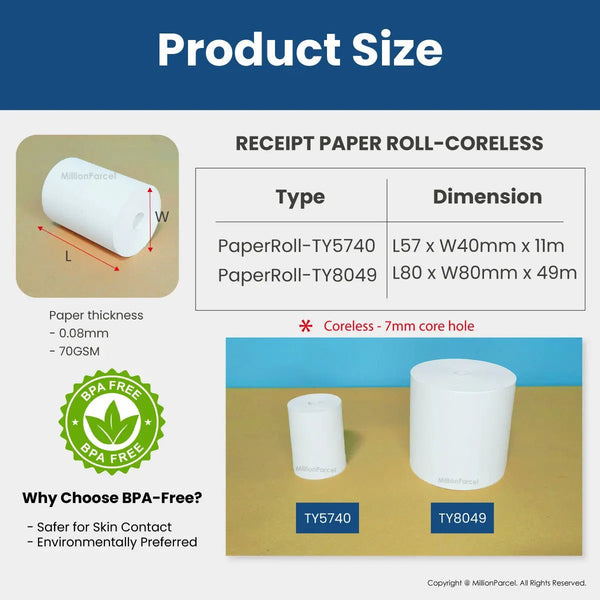 BPA FREE Coreless Thermal Paper Roll | Receipt Paper Roll - MillionParcel