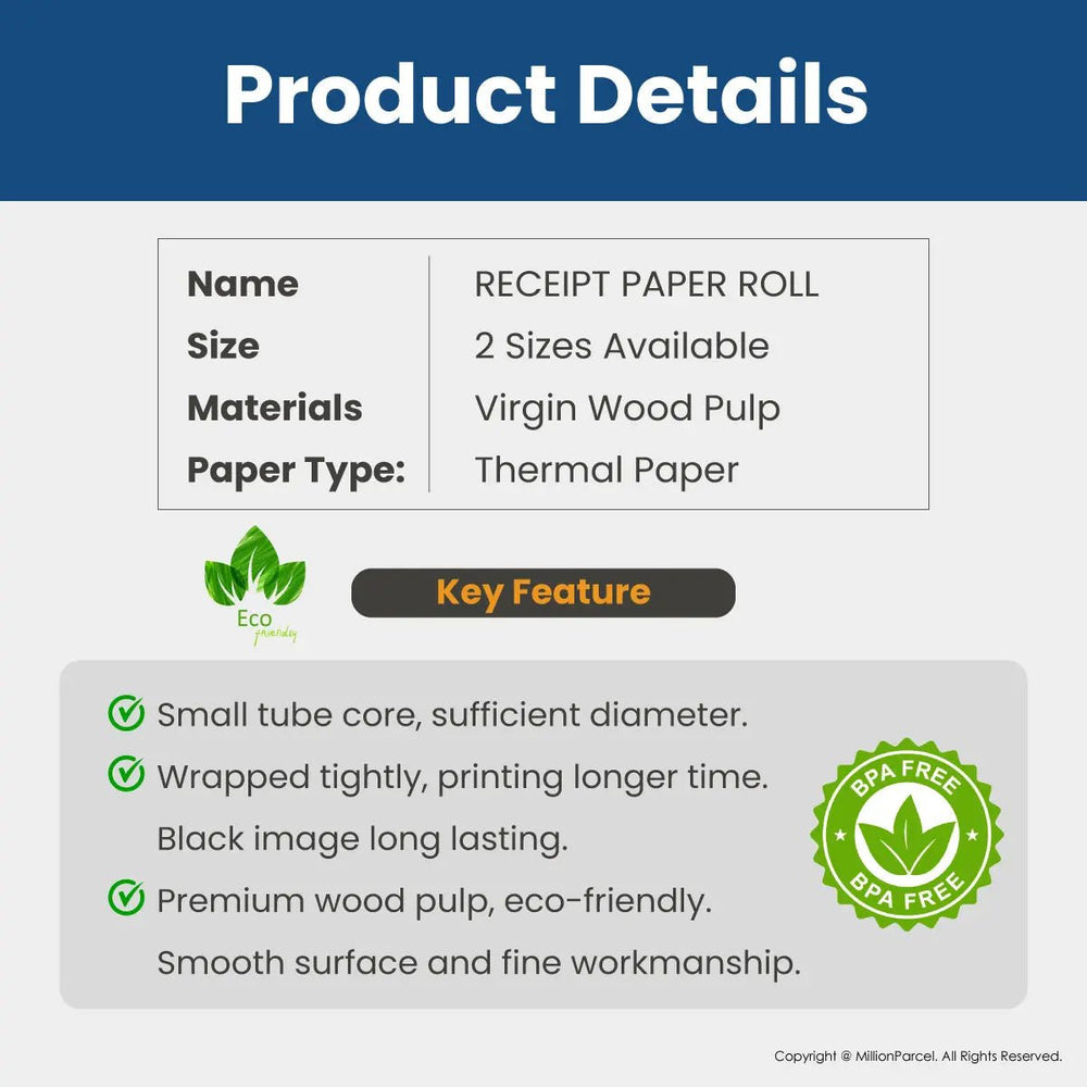 BPA FREE Coreless Thermal Paper Roll | Receipt Paper Roll - MillionParcel